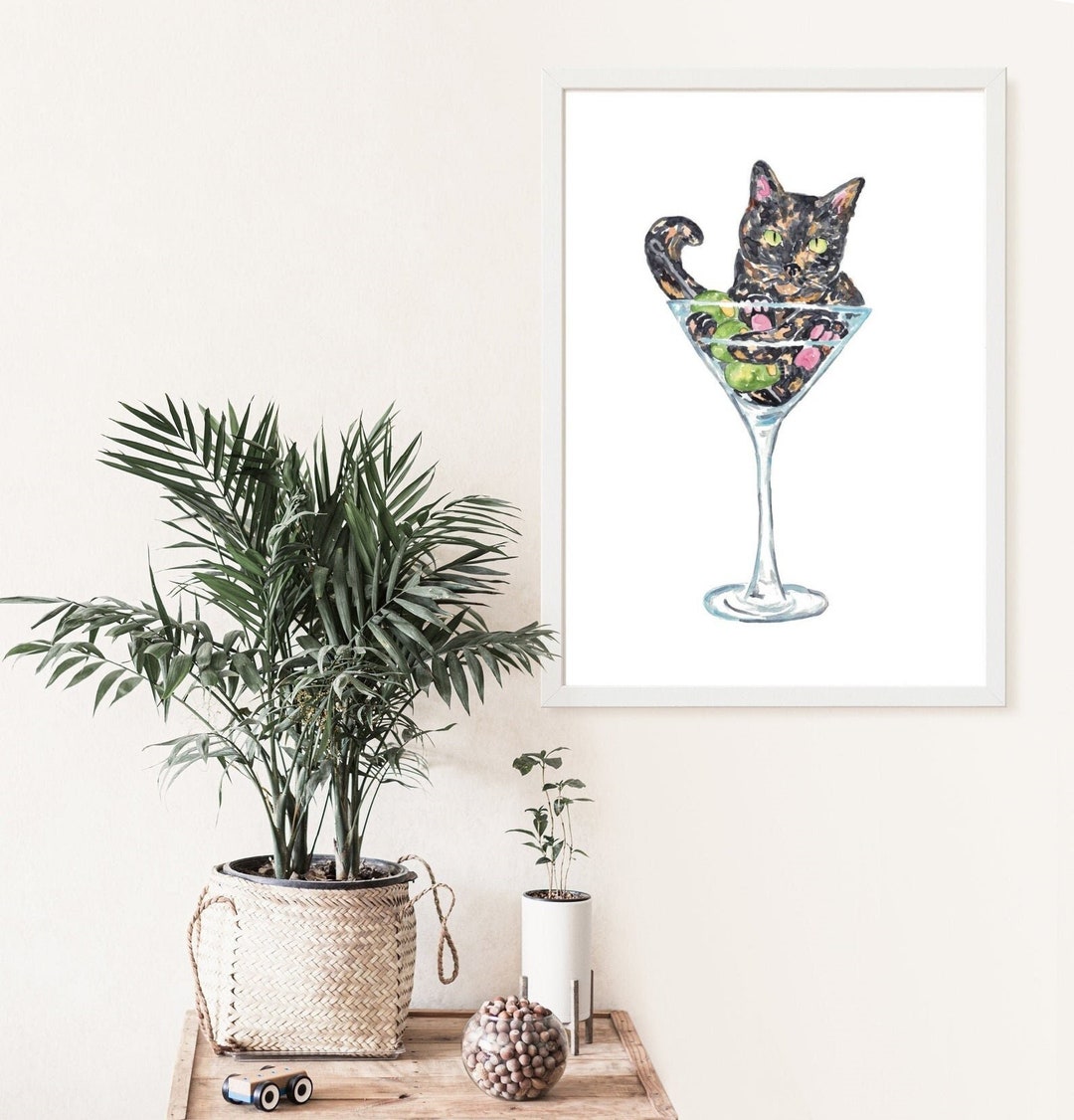 Cat Drinking Martini Painting Kitchen Wall Poster Watercolor Art ...