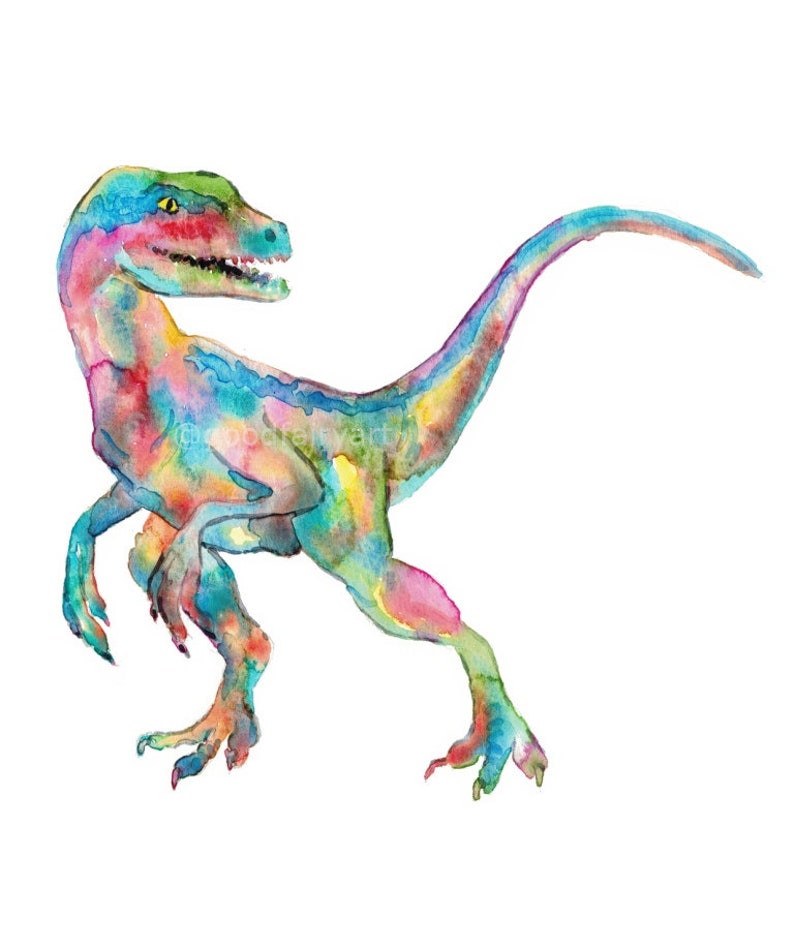 Velociraptor Dinosaur Painting Watercolour Dino Blue Raptor Wall Art ...