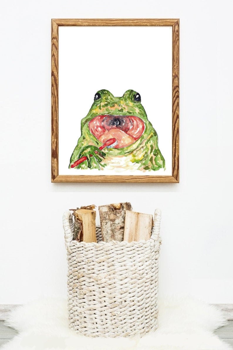 Frog Brushing Teeth Bath Watercolor Painting Print Art Bathroom Room ...
