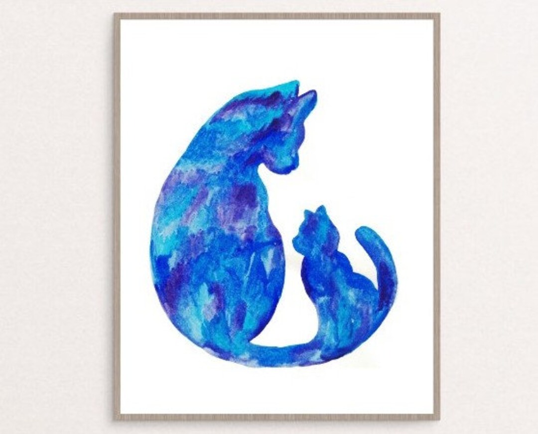 Blue Cat Painting Wall Poster Watercolor Art Colorful Decor - Etsy