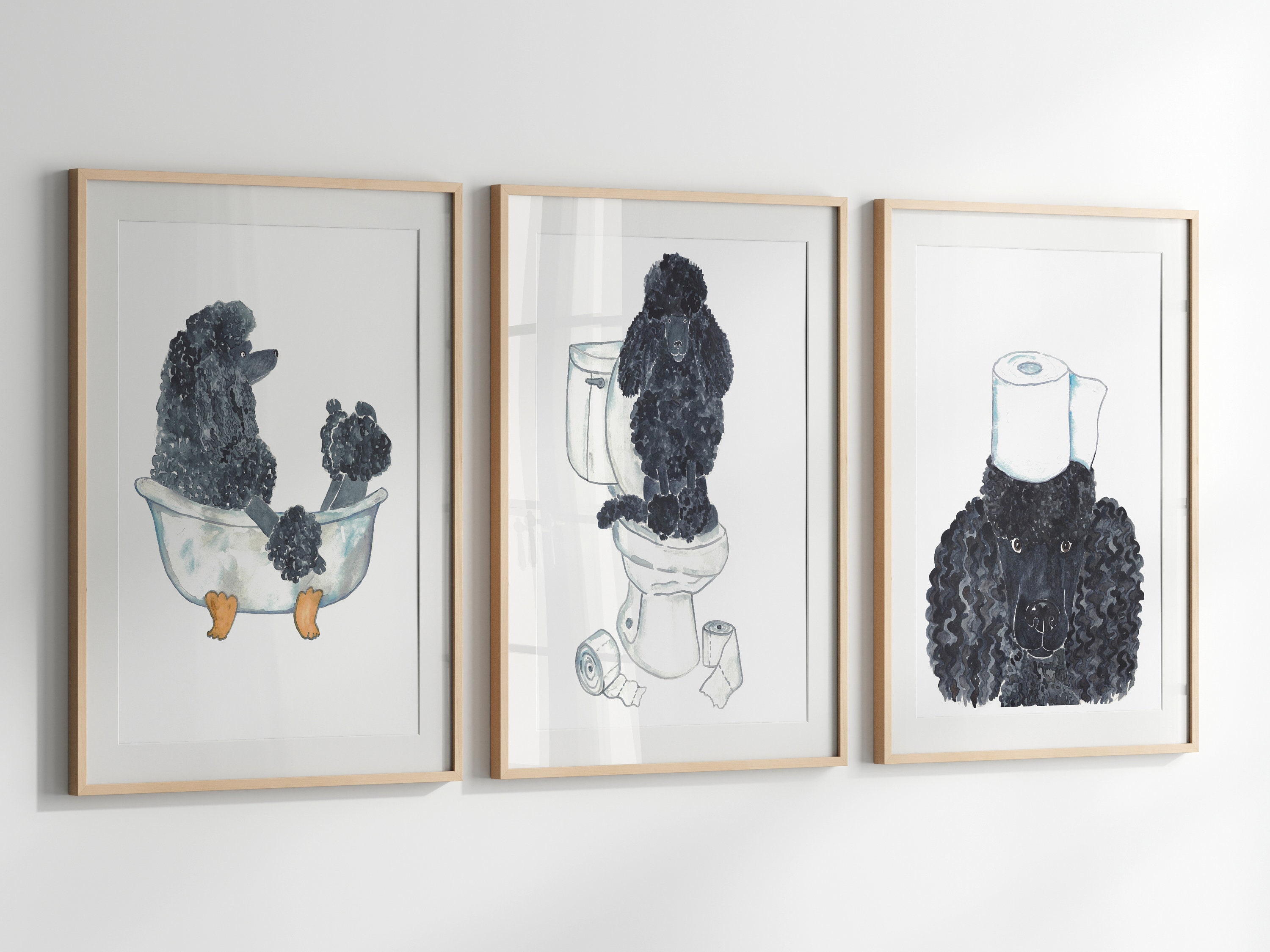 Set of 3 Black Poodle Dog Toilet Painting Wall Poster Watercolor Art ...