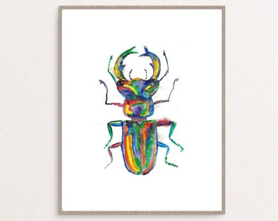 Stag Beetle Painting Watercolour Ink Iridescent Green Wall Art Bug ...