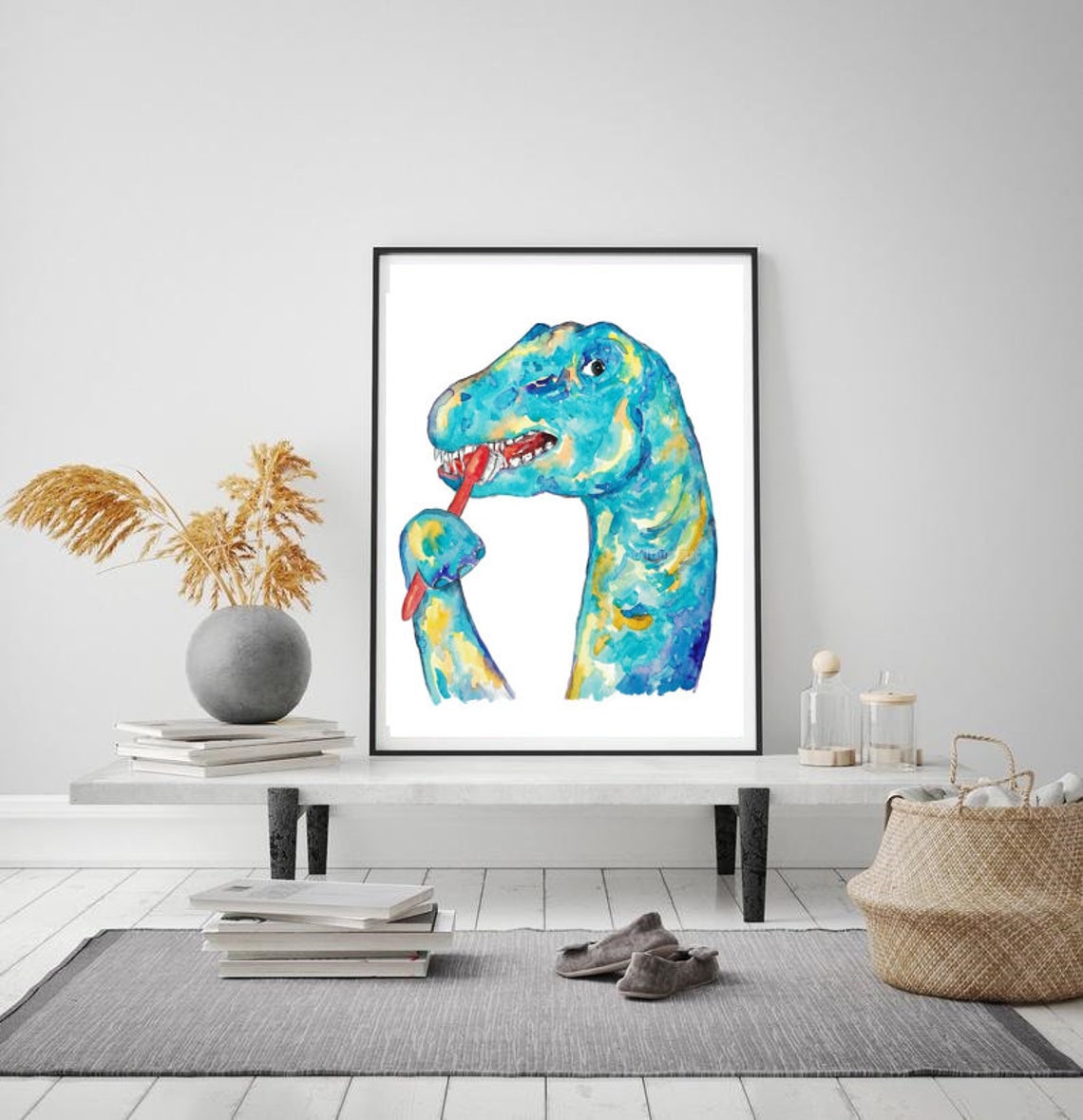 Brontosaurus Brushing Teeth Dinosaur Painting Watercolour Dino ...