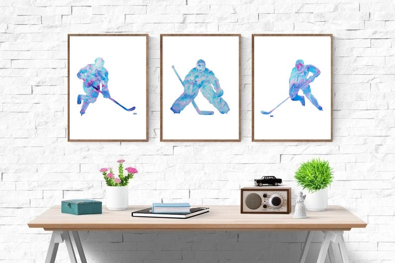 Set of 3 hockey art print watercolor painting gift drawing | Etsy