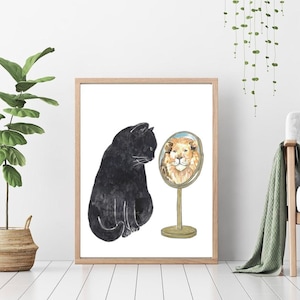 Black Cat Looking in Mirror Painting Wall Poster Watercolor Art Decor ...