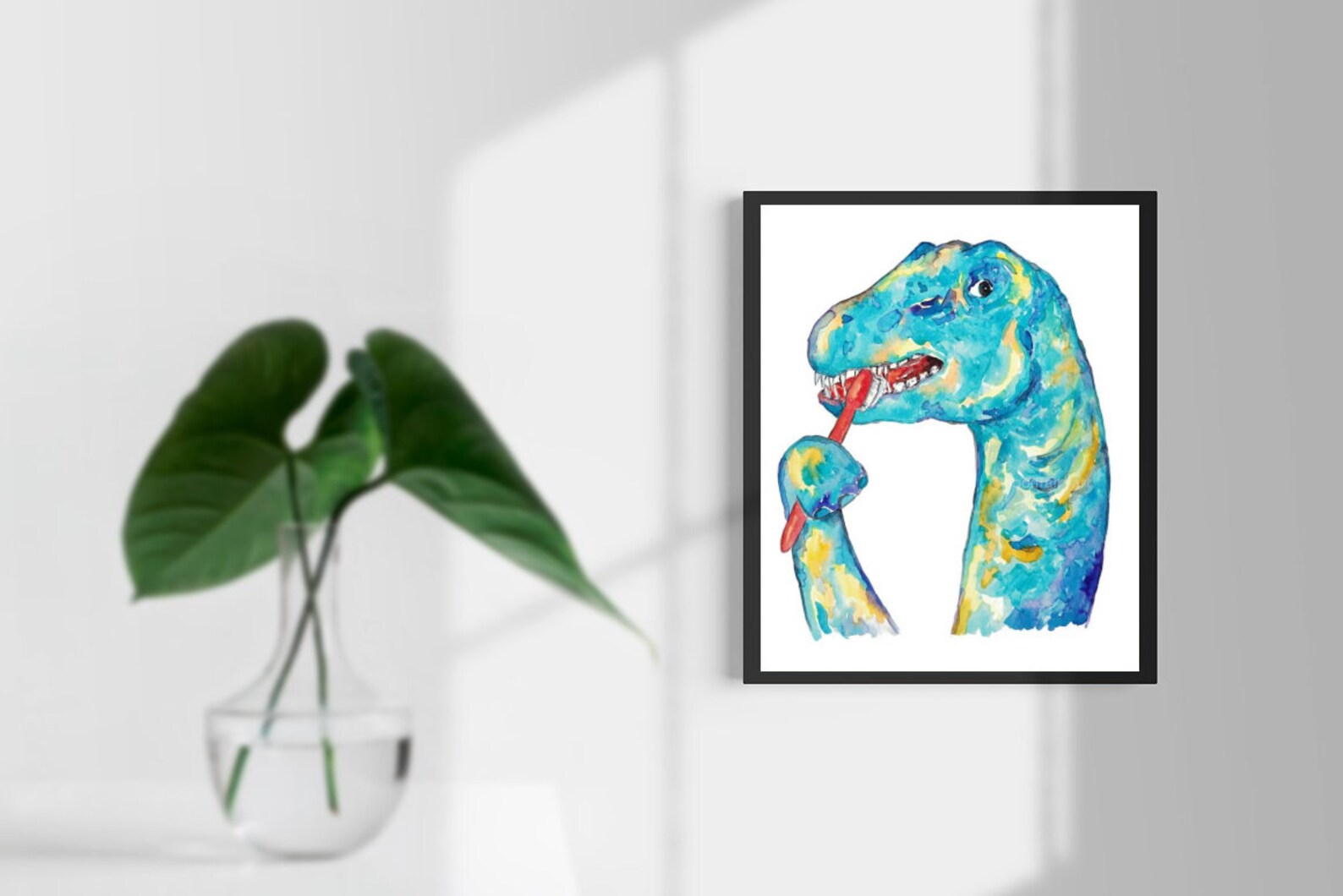 Brontosaurus Brushing Teeth Dinosaur Painting Watercolour Dino ...