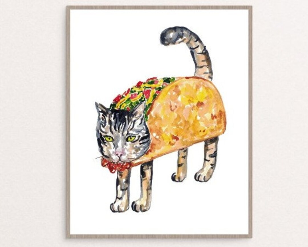 Taco Cat Painting Kitchen Wall Poster Watercolor Art Restaurant Decor ...