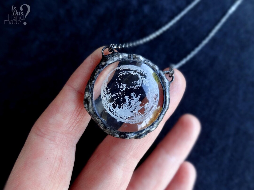 Full Moon Engraved Necklace, Circle Pendant, Engraved Glass, Hand Drawn ...