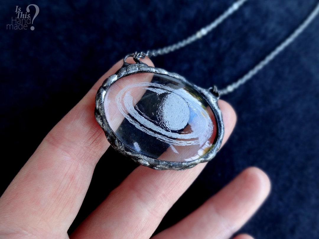 Engraved Saturn Glass Necklace, Rustic Handmade, Engraved Planet ...