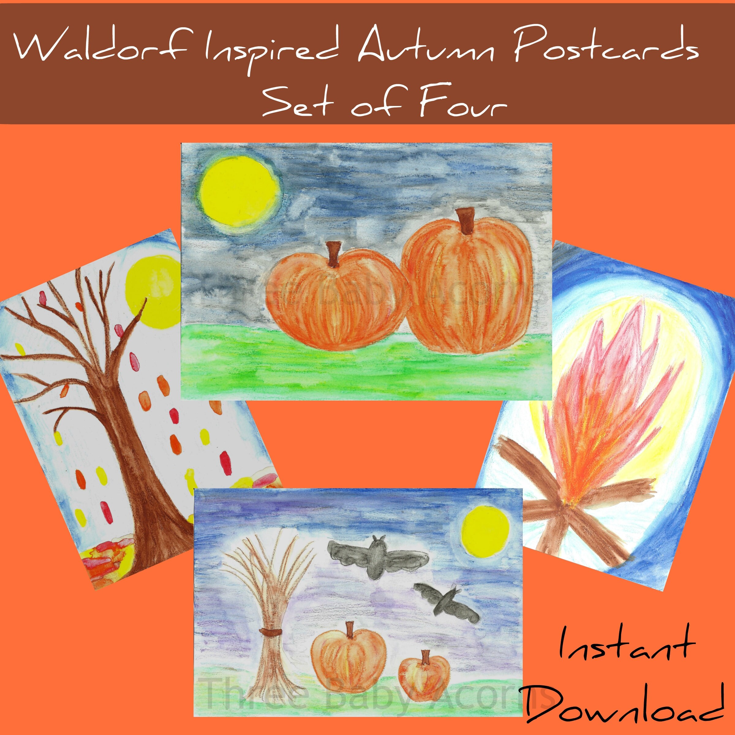 Waldorf inspired watercolor autumn postcard set, printable fall set of ...
