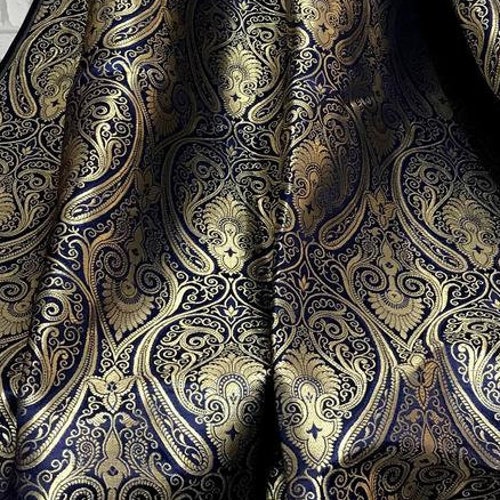 Navy Blue Brocade Fabric by the Yard Wedding Dress Banaras | Etsy