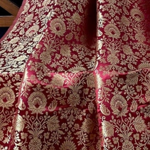 Red Gold Banarasi Brocade By The Yard Fabric Banarasi Weaving Etsy