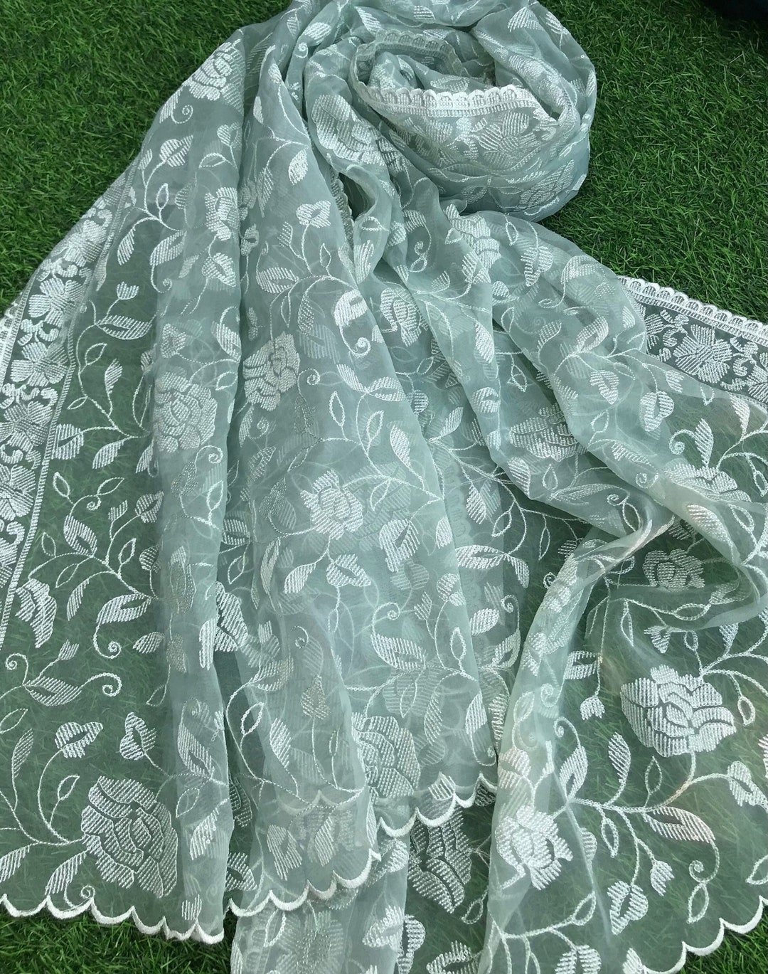 Sage Green Indian Organza Dupatta for Women With Sequins Embroidery ...