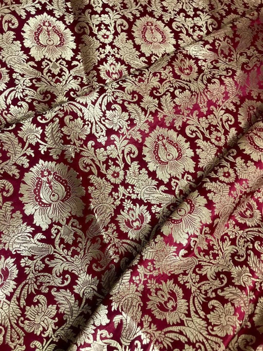 50% SALE Indian Brocade Fabric, Dark Red & Gold Brocade Indian Fabric ...