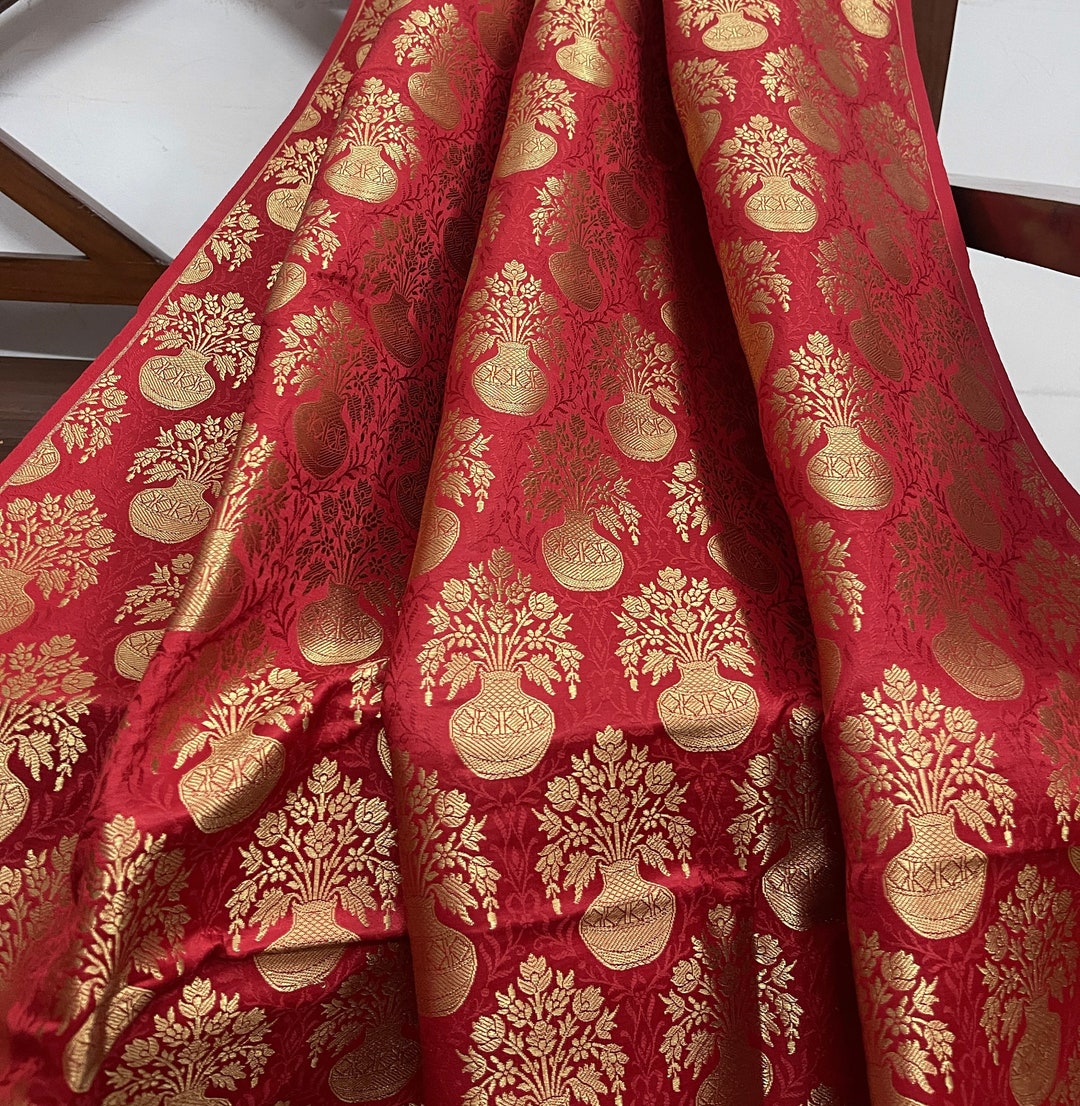 50% SALE Indian Brocade Fabric, Red and Gold Brocade Indian Fabric ...