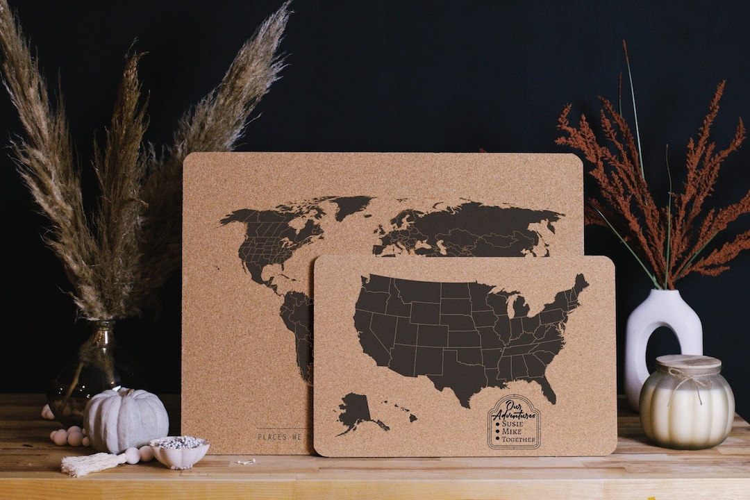 Our Adventures World/usa Cork Push Pin Map on Solid Cork With ...