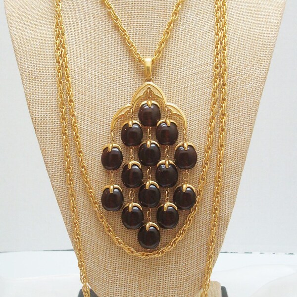 Trifari Waterfall Pink Lucite Pendant Necklace Gold Triple Chain ...