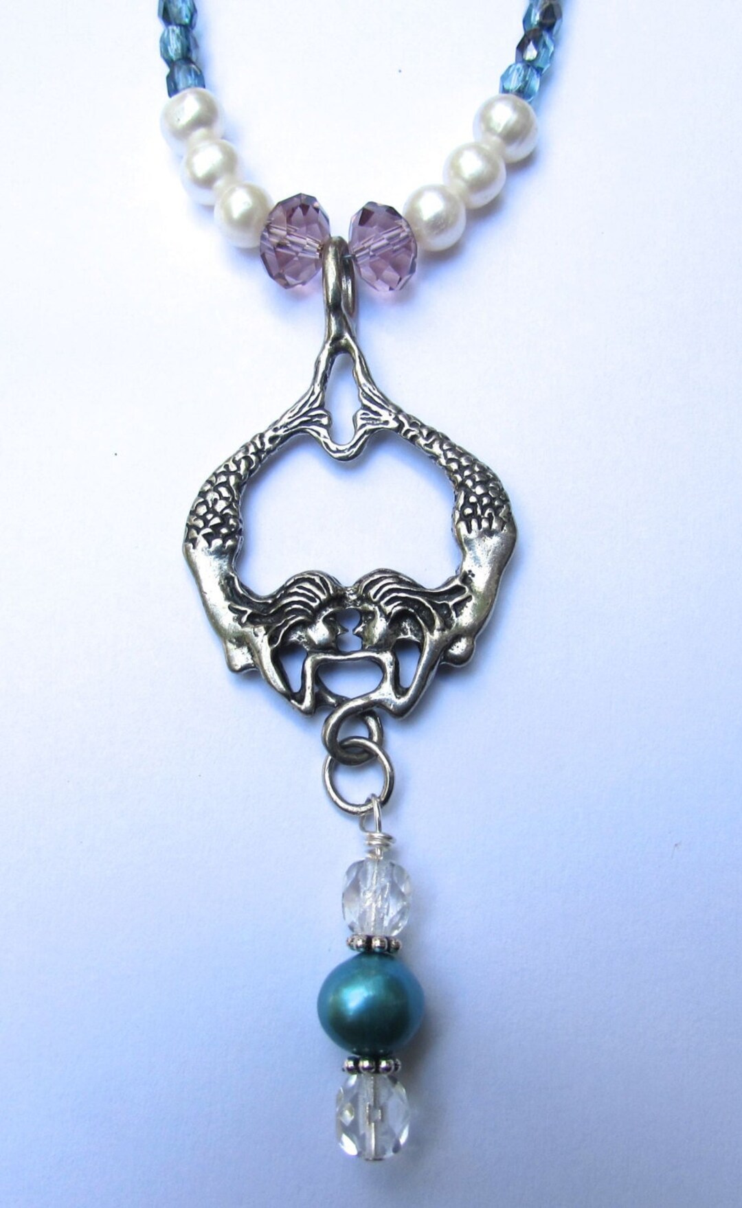 Double Mermaid Necklace With Genuine Fresh Water Pearls, Apatite and ...