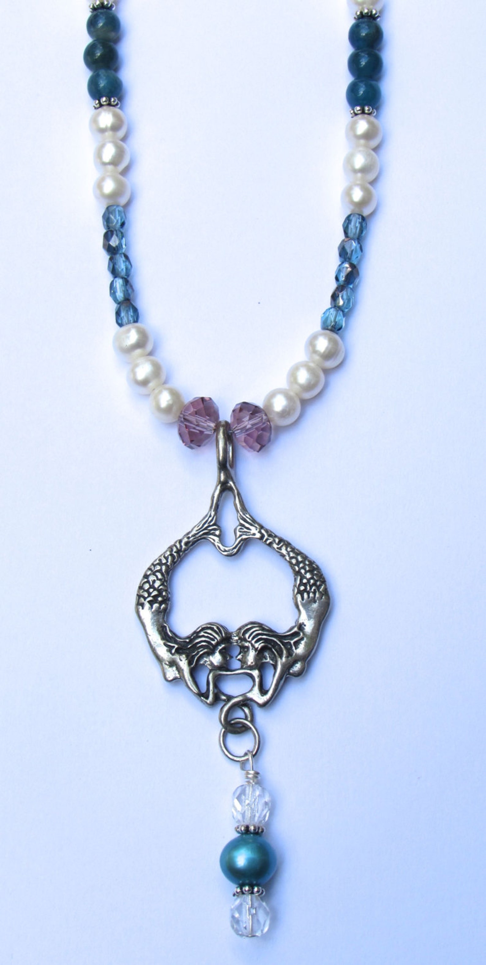 Double Mermaid Necklace With Genuine Fresh Water Pearls, Apatite and ...