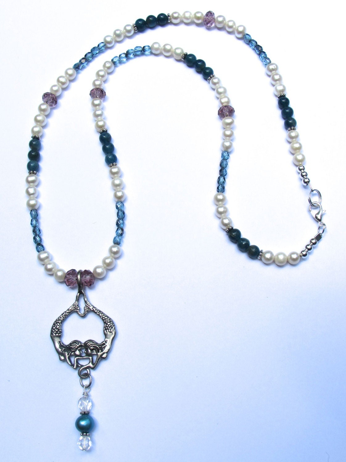 Double Mermaid Necklace With Genuine Fresh Water Pearls, Apatite and ...