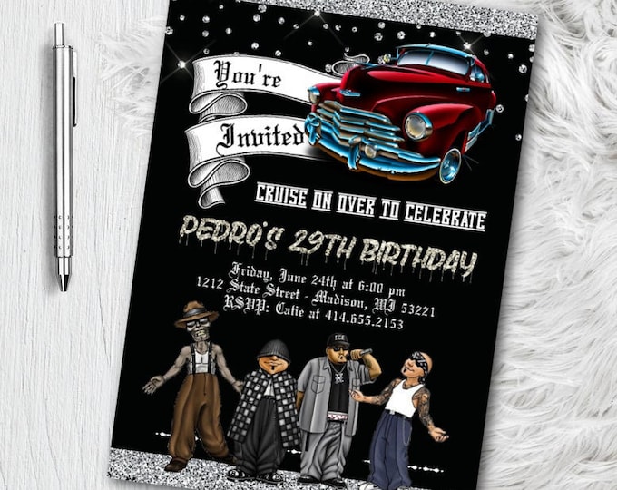 Lowrider Birthday Invitation, Cholo Party Invites, Homies Classic Car ...