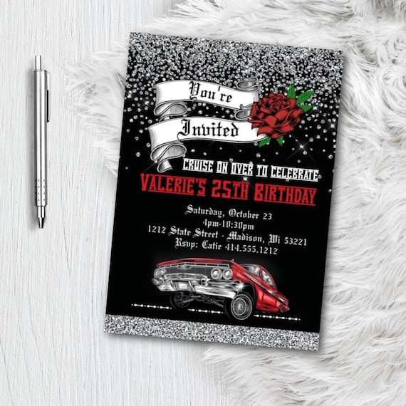 Lowrider Birthday Invitation, Hot Rod Cholo Girl Womens Car Invite ...