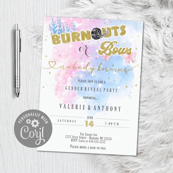 Burnouts Or Bows Gender Reveal Invitation Pink And Blue Smoke Reveal 