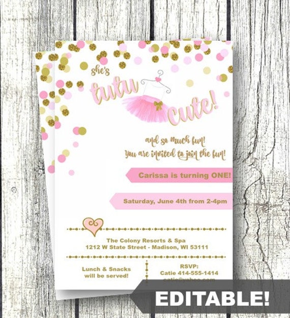 Tutu Birthday Invitation girl pink and gold 1st birthday or any age ...