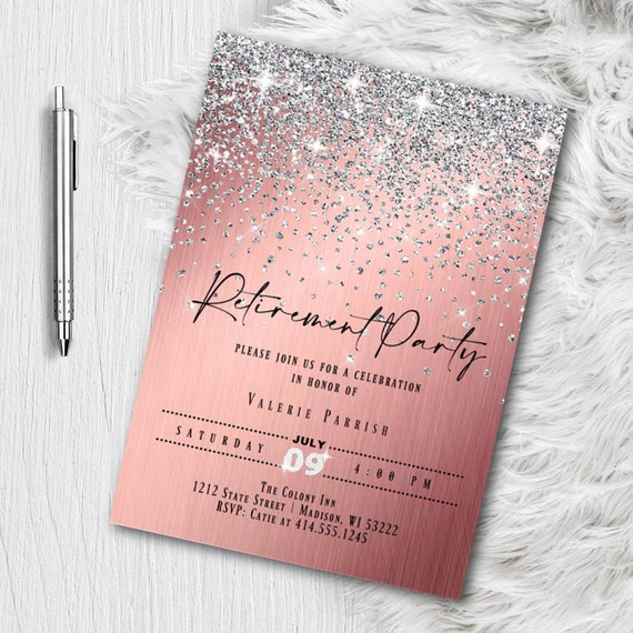 Rose Gold Retirement Party Invitation, Formal Elegant Glitter Sparkle ...