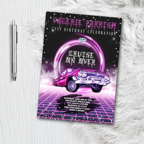 Lowrider Invitation for Girls, Birthday Classic Car Invites, printed or ...