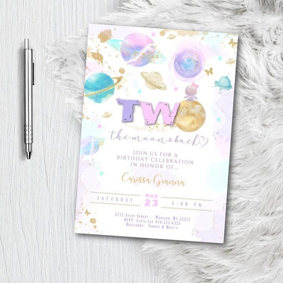 Two the Moon Birthday Invitation - Girl Astronaut To The Moon and Back ...