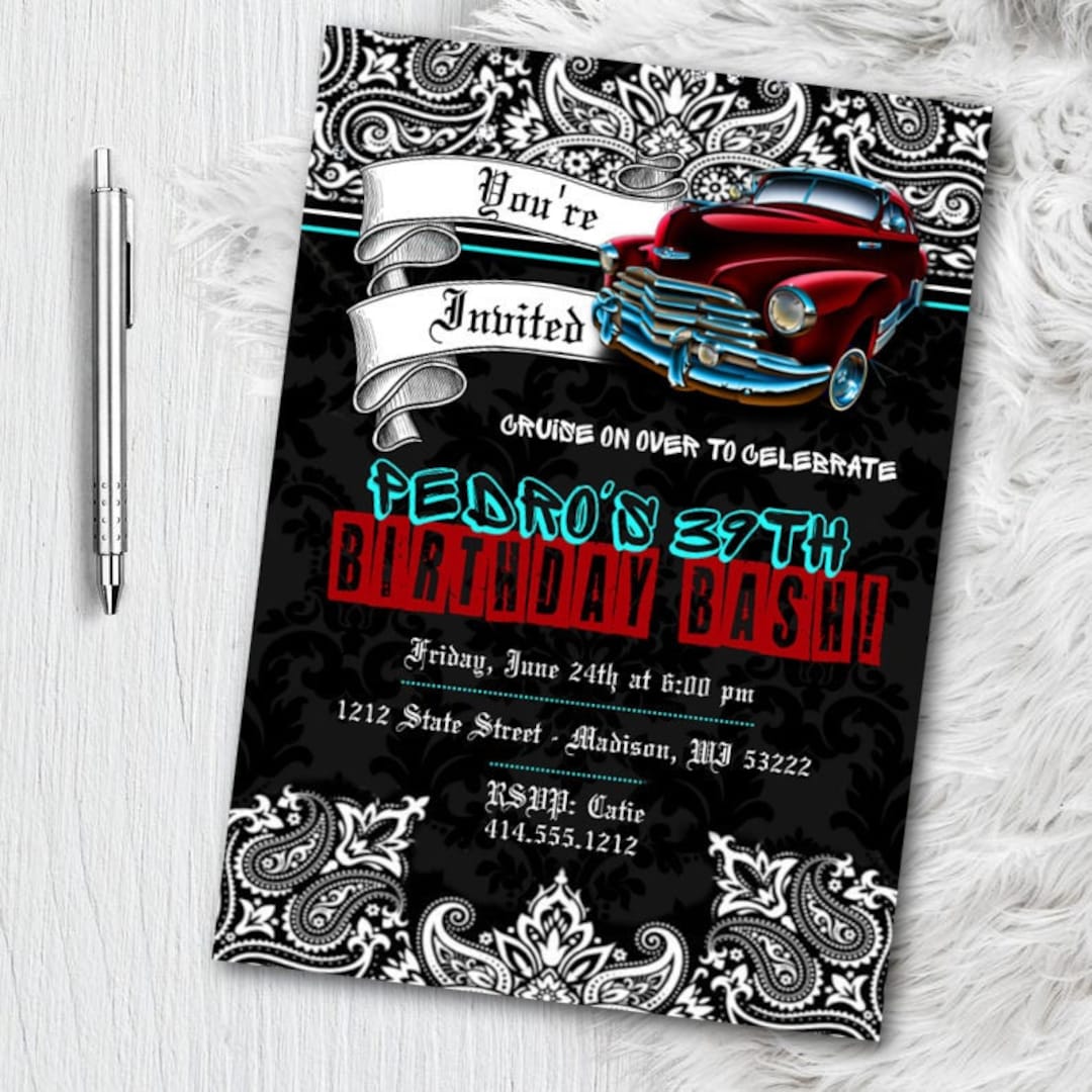 Lowrider Party Invitation, Men Boys Classic Car Hot Rod Lowrider Cholo ...