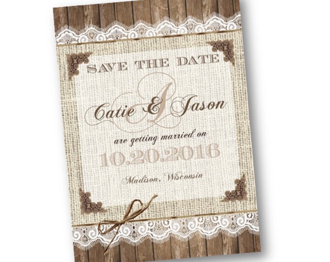 Rustic Save the Date Burlap and Lace Wood Rustic Shabby Chic Invitation ...