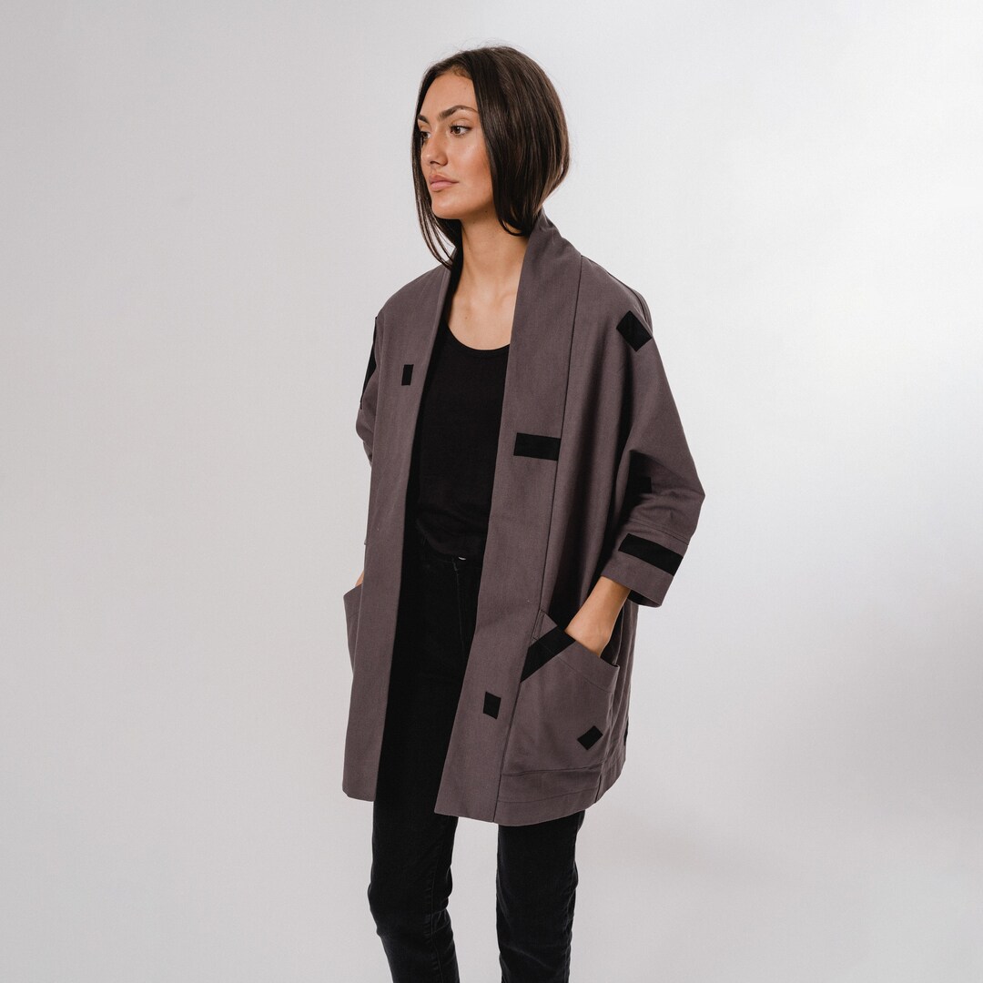 Grey Long Length Jacket/ Black Applique / Batwing Jacket / Grey Organic ...