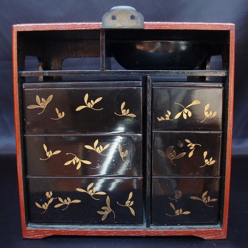 BENTO Picnic Lunch Box Set Lacquered Wooden Japanese Vintage Antiques ...