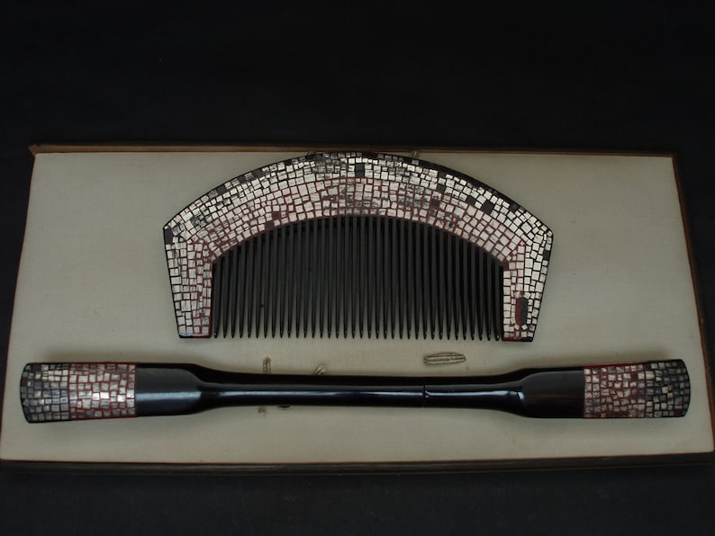Japanese KUSHI Comb & KOUGAI Kanzashi Set Lacquered MAKIE Geisha Kimono ...