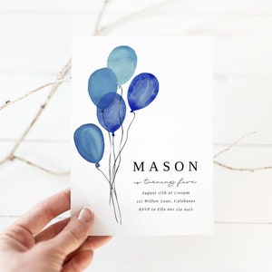 Minimal Balloon Invitation Template | Blue Balloons Birthday Invite ...