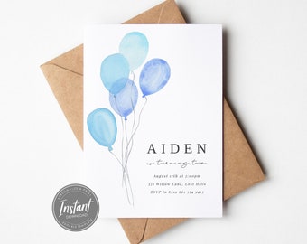 Minimal Balloon Invitation Template Blue Balloons Birthday Invite ...