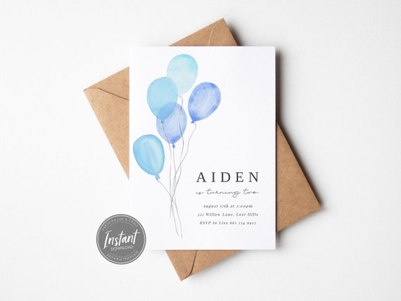 Minimal Balloon Invitation Template | Blue Balloons Birthday Invite ...