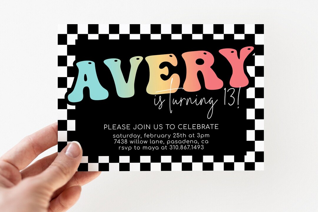 Checkerboard Ombre Birthday Invitation | 80's 90's Party Invitation ...