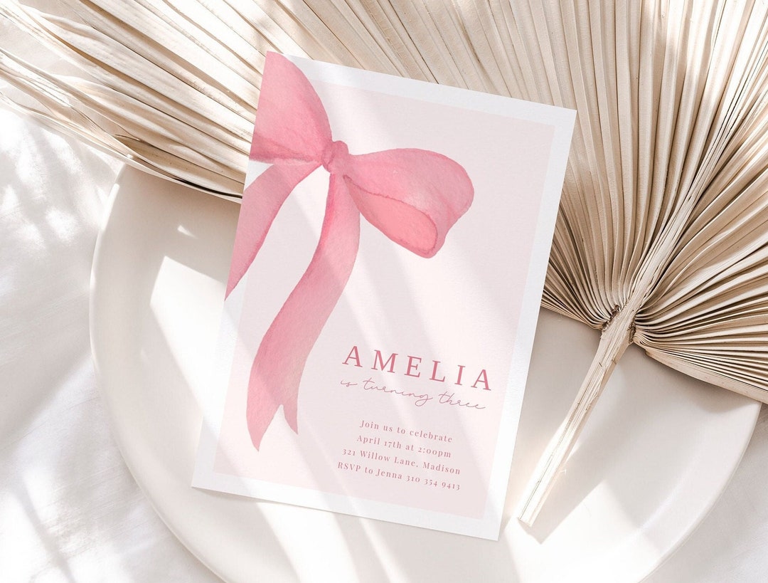 Pink Bow Invitation for Birthday Minimalist Pink Watercolor Ribbon Pink ...