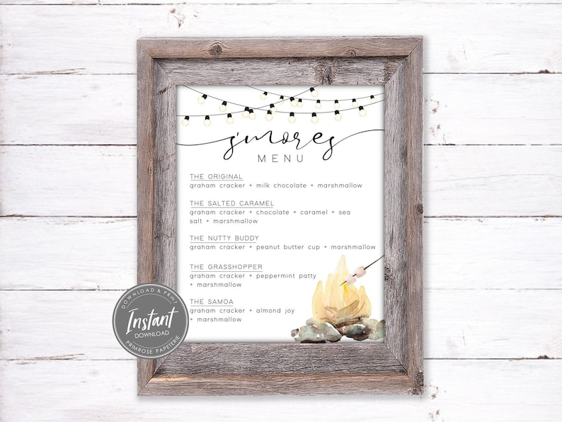 Printable S'mores Menu, Smores Bar Sign, S'mores Station, Backyard ...