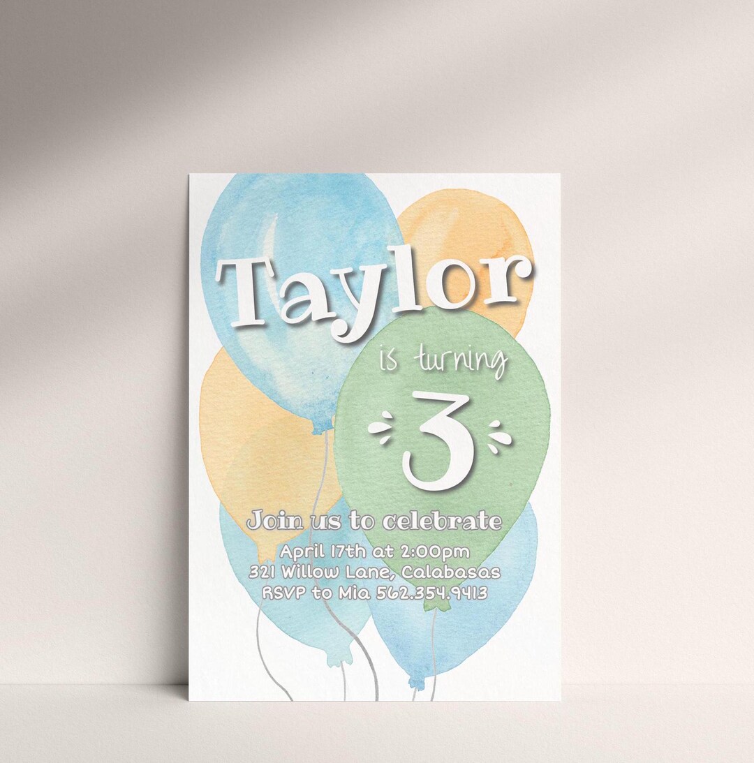 Balloon Invitation Template Editable Boy Party Invitation Watercolor ...