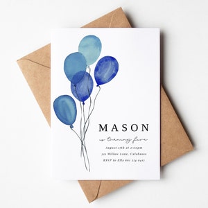 Minimal Balloon Invitation Template | Blue Balloons Birthday Invite ...