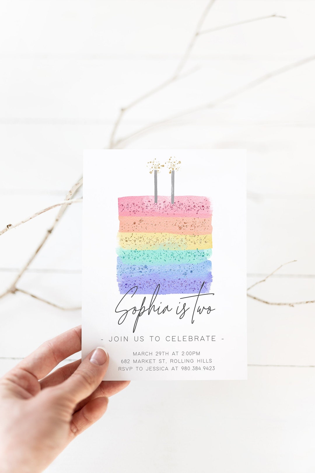Cake Invitation Template | Rainbow Watercolor Cake Invite | Second ...