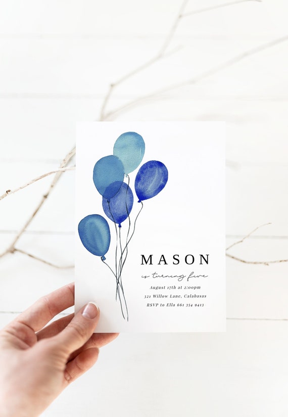 Minimal Balloon Invitation Template | Blue Balloons Birthday Invite ...