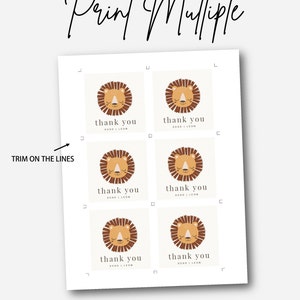 Lion Birthday Thank You Tag Editable Lion Party Sticker Template ...