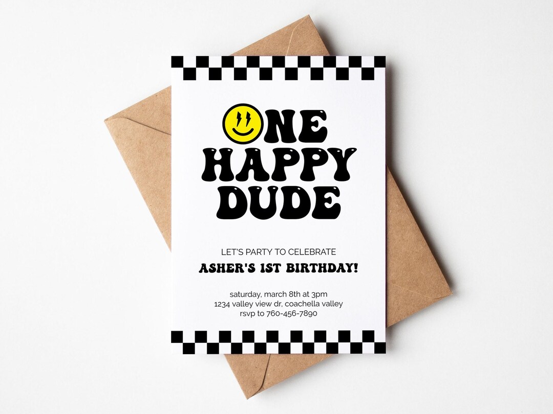 One Happy Dude Invitation | Boy First Birthday Template | Smiley Face ...