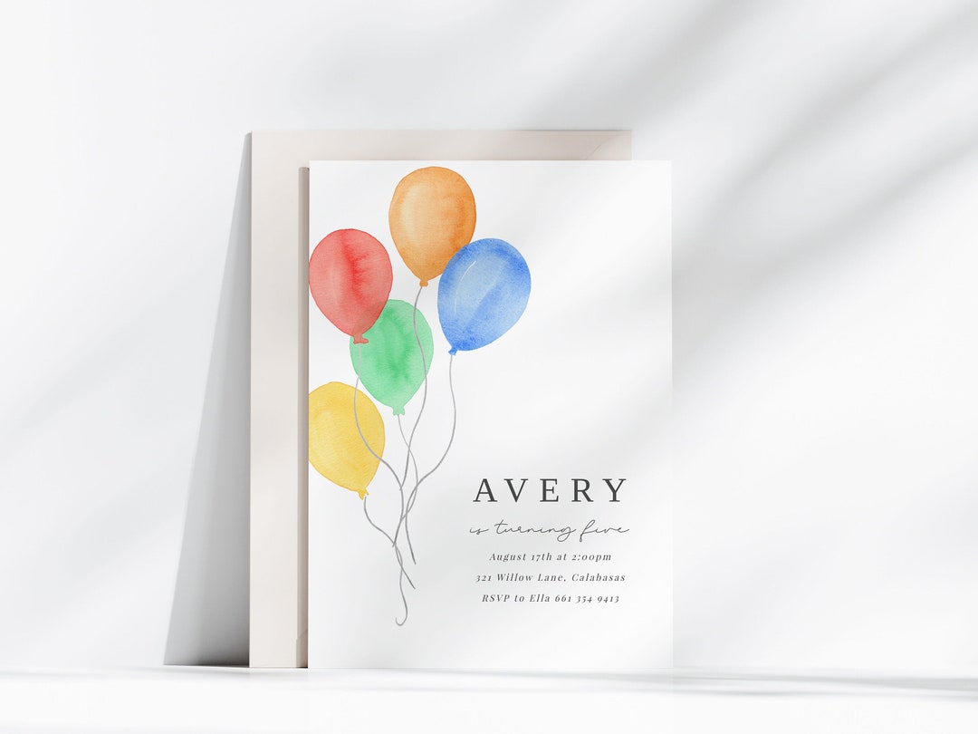 Watercolor Balloon Invitation Template | Rainbow Balloons Birthday ...