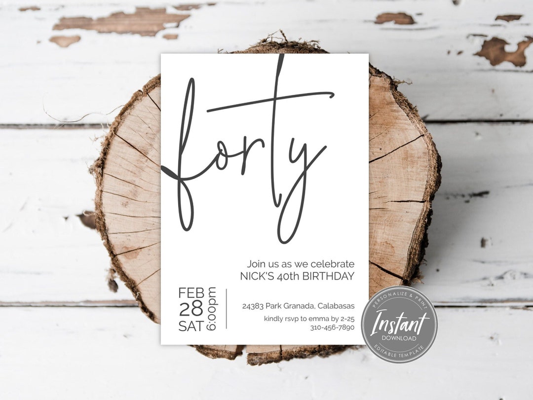 40th Birthday Invitation Template | Modern Adult Invite | Minimalist ...